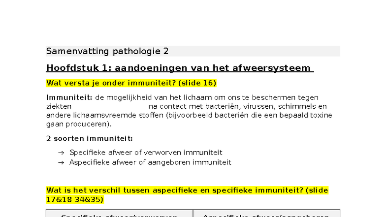 Samenvatting Pathologie 2: Aandoeningen van het Afweersysteem en ...