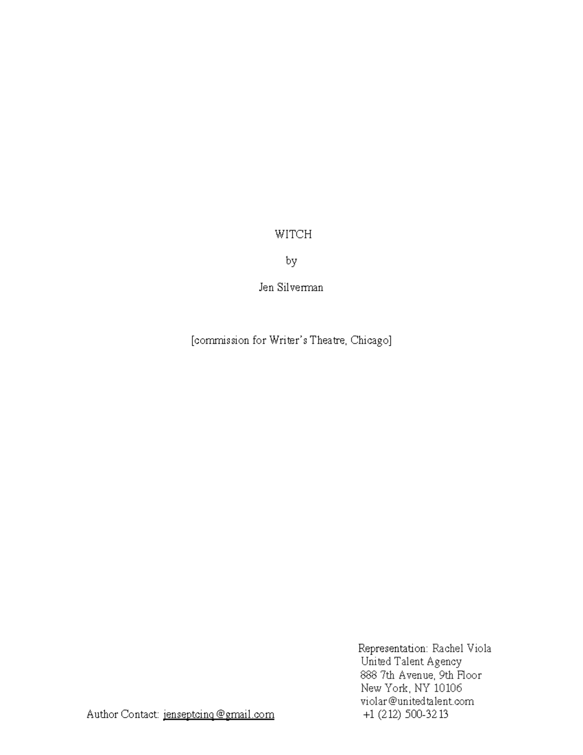 WITCH - Theatre Script Analysis and Character Breakdown - Studocu