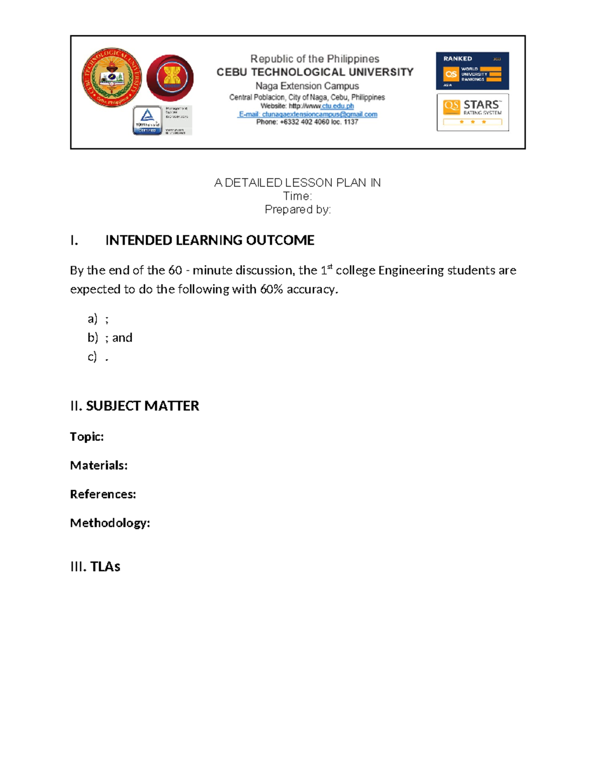 Template for Lesson Plan making - A DETAILED LESSON PLAN IN Time ...