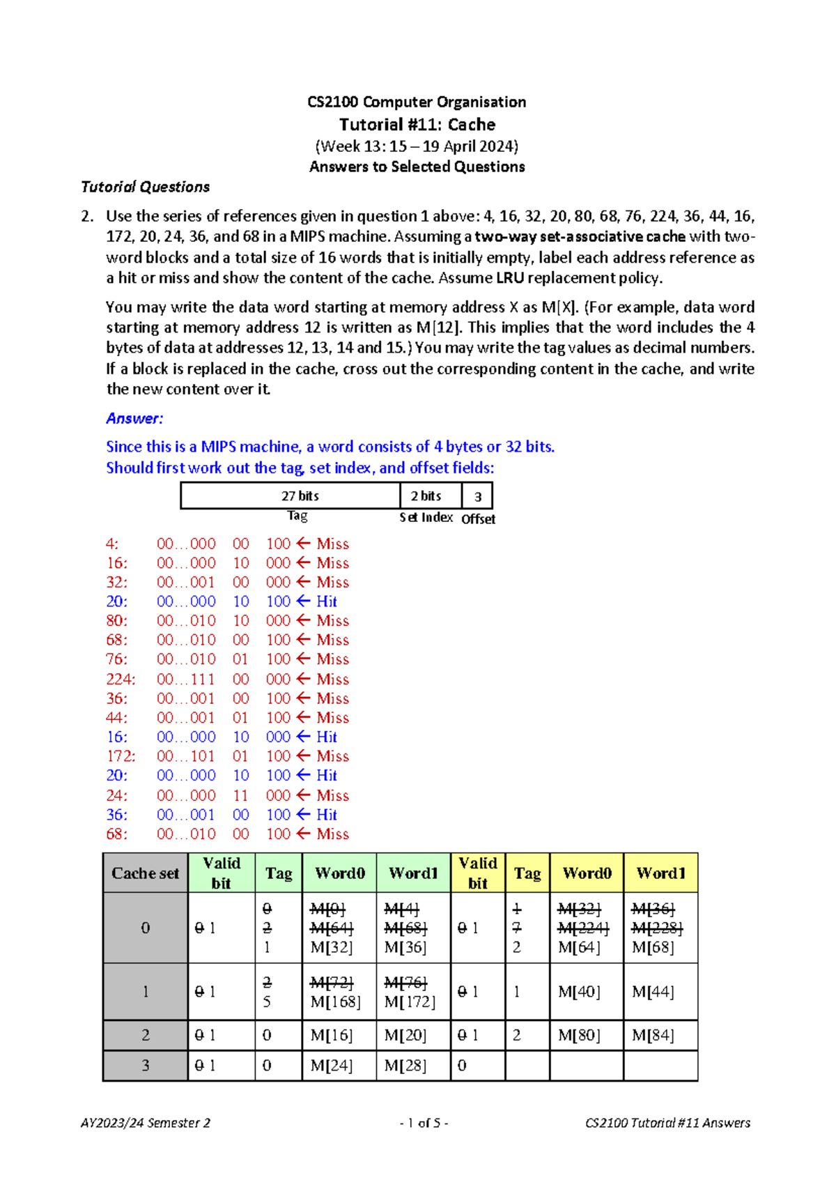 CS2100 Computer Organisation Tutorial 11: Cache Analysis & Answers ...