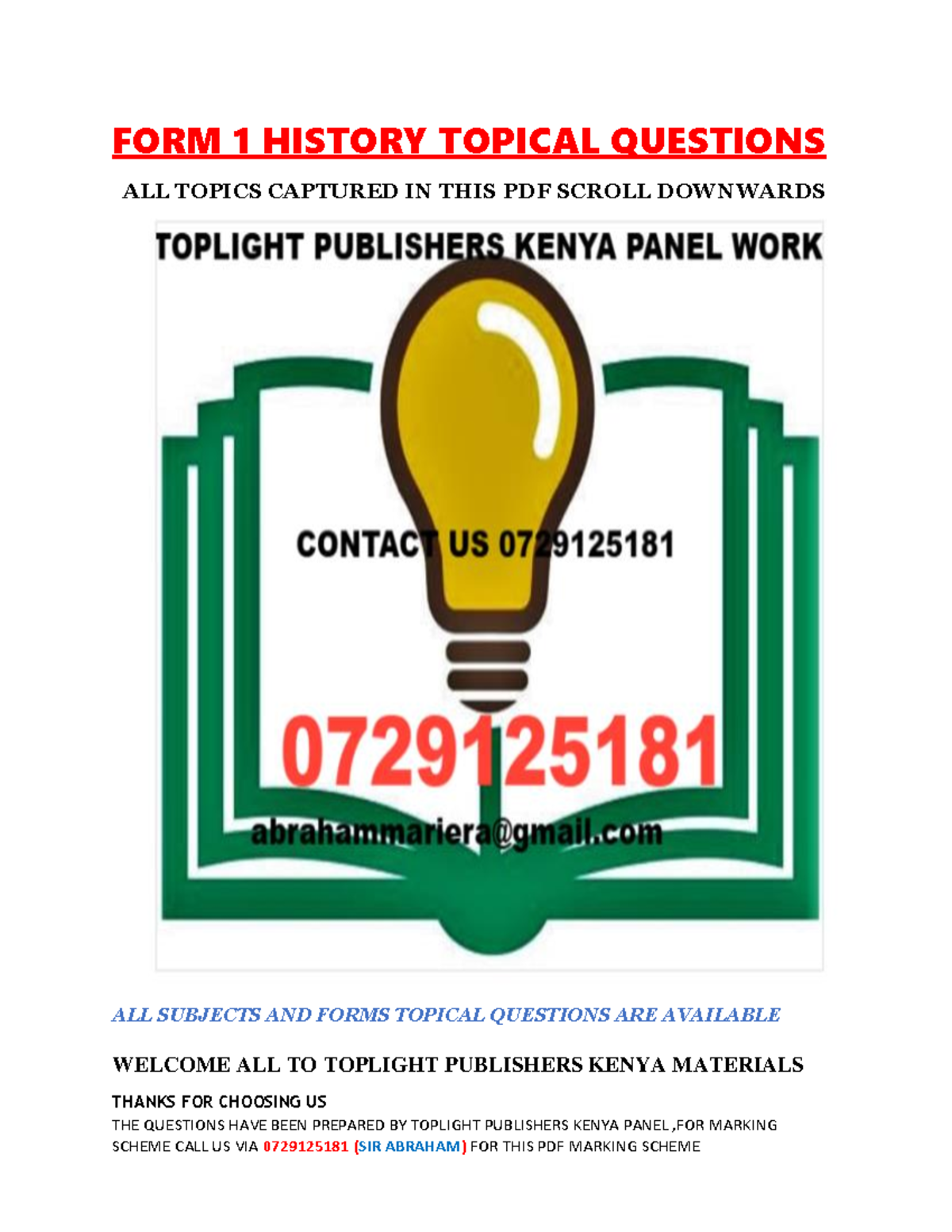 FORM 1 History Topical Questions by Toplight Publishers Kenya - Studocu