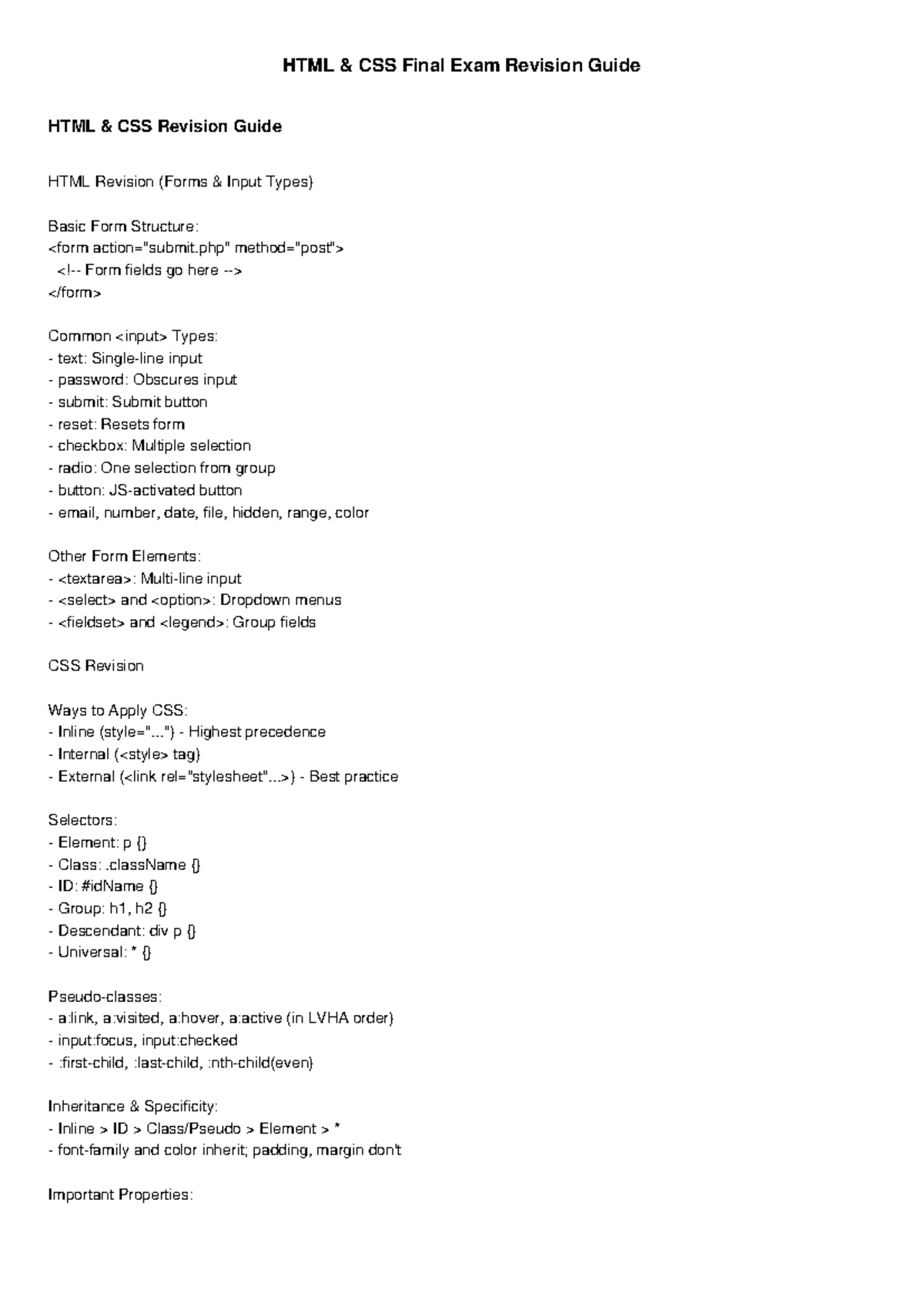 HTML CSS Final Exam Revision Guide: Forms & CSS Basics - Studocu
