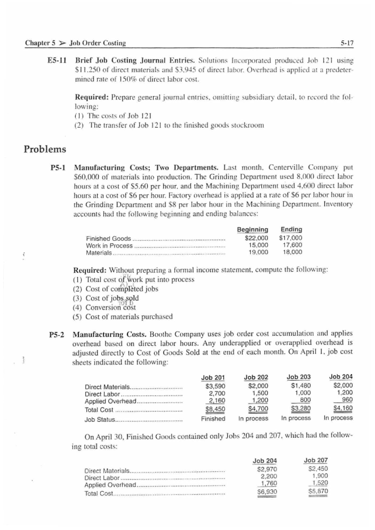Chapter 5 Job Order Costing: Journal Entries and Cost Computations ...