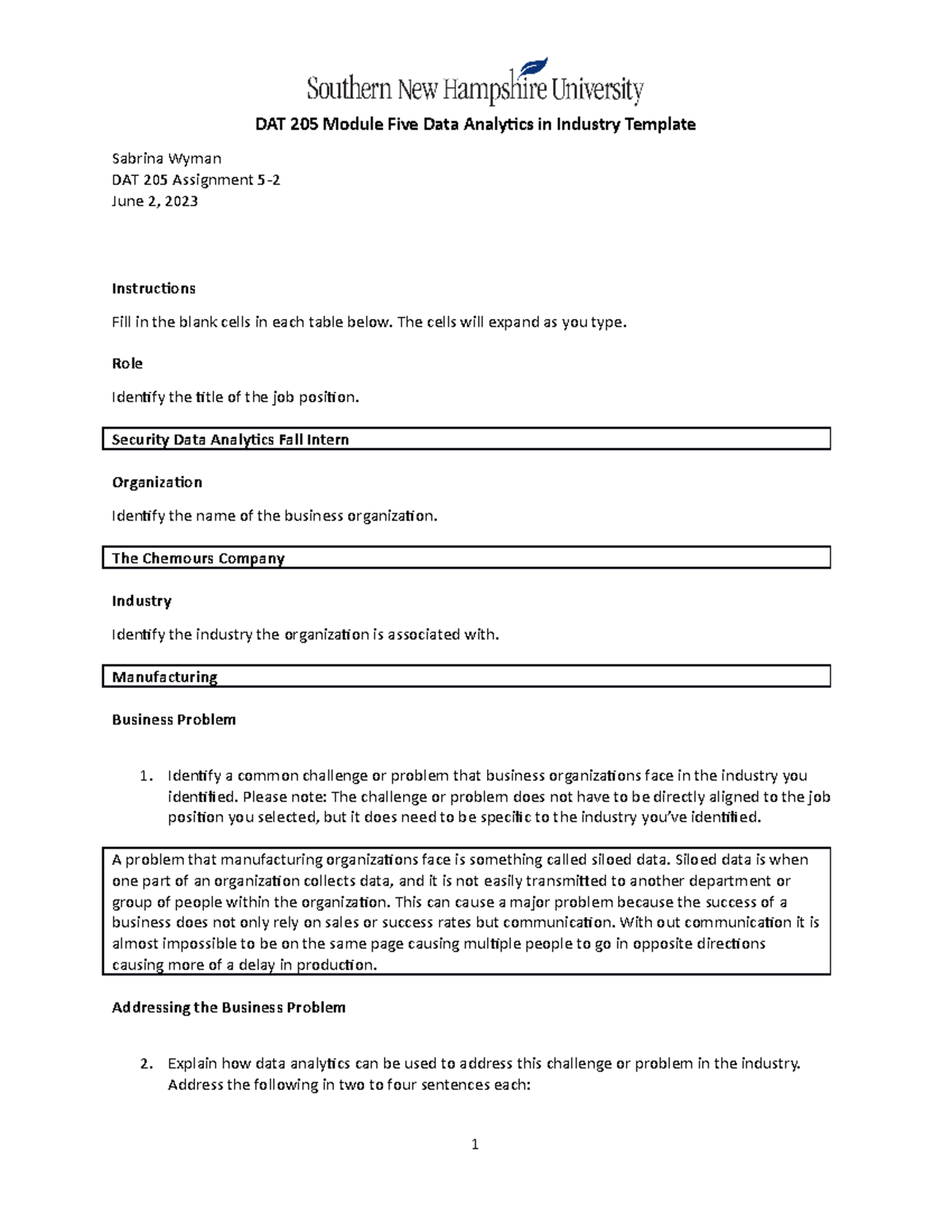 DAT 205 Assignment 5 - Data Analytics in Manufacturing Industry - Studocu