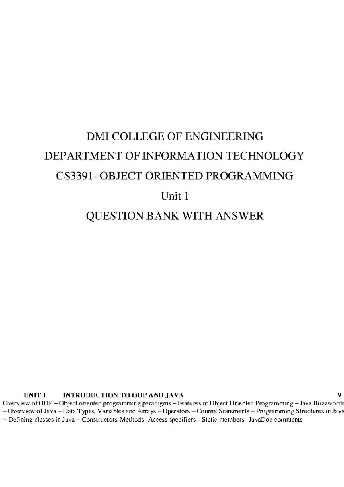 CS3391 Question Bank: Intro to OOP & Java Concepts with Answers - Studocu