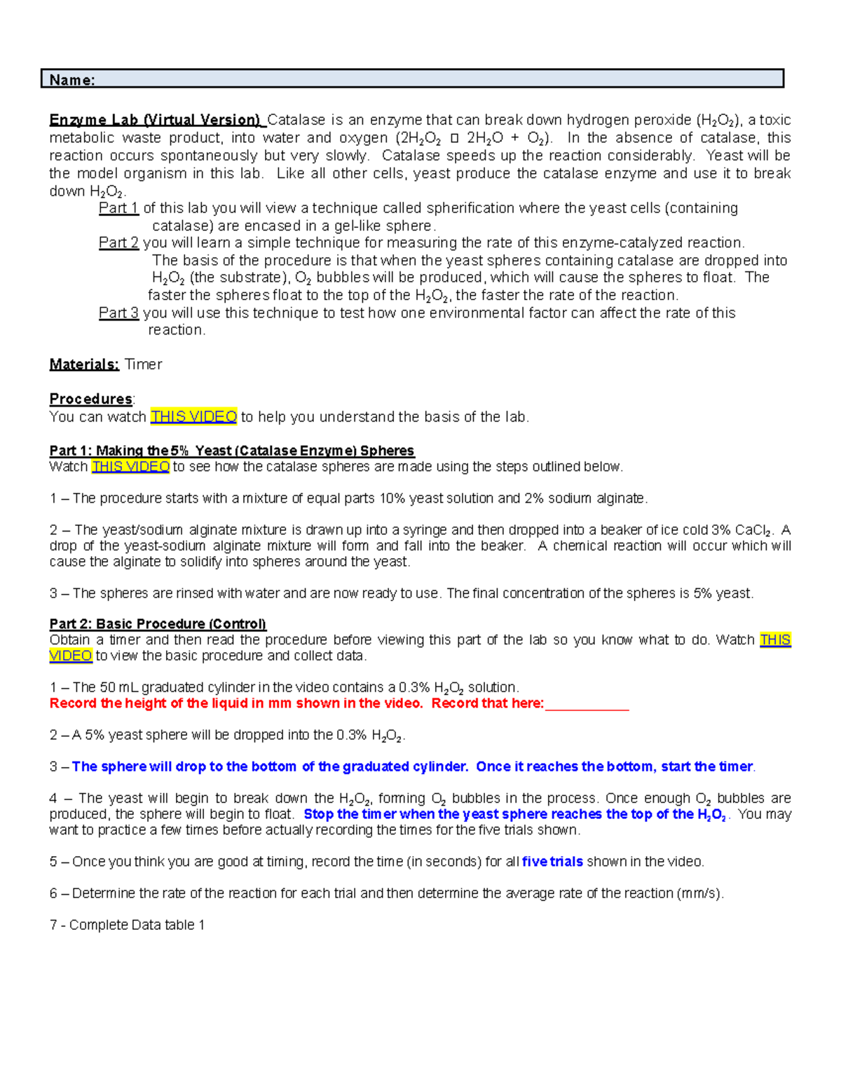 Virtual Lab: Investigating Enzyme Activity of Yeast Catalase - Studocu