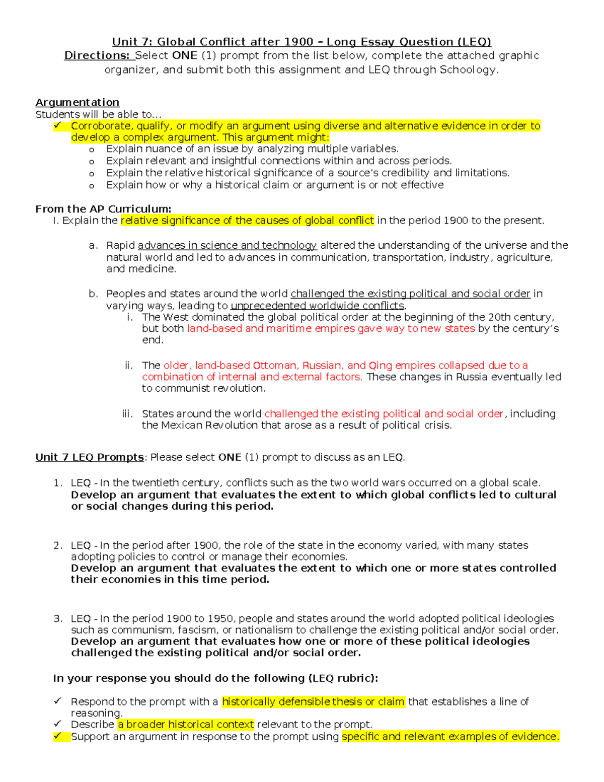 Unit 7: Global Conflict LEQ - Analyzing 20th Century Changes - Studocu