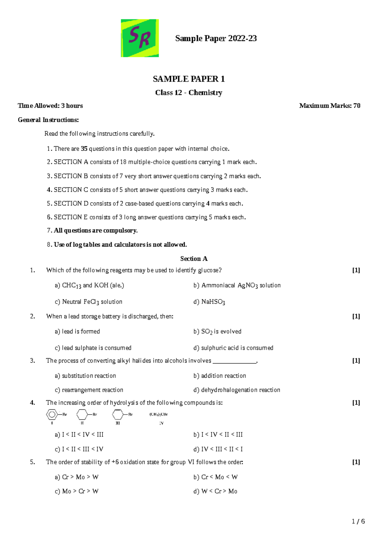 Class 12 Chemistry Sample Paper 1 - Practice Questions and Solutions ...