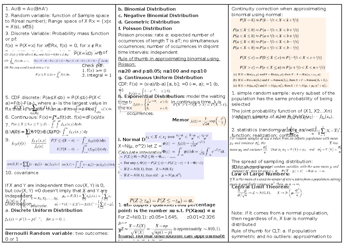 Final Cheatsheet on Random Variables and Distributions (STAT 101) - Studocu
