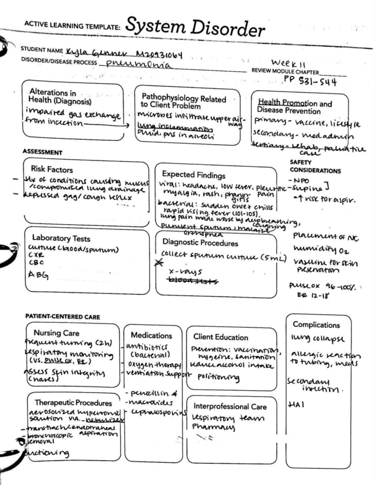 Pneumonia active learning template (ALT) - week 11 review notes - Studocu