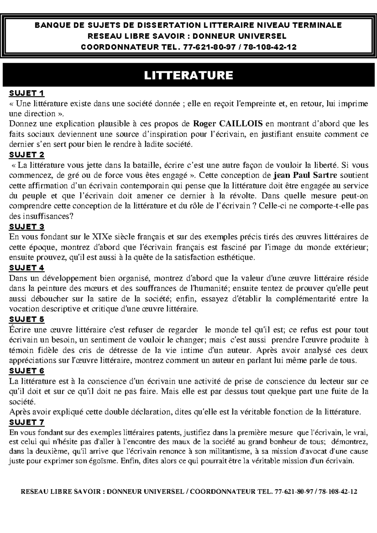 Banque de Sujets de Dissertation Littéraire - Niveau Terminale - Studocu