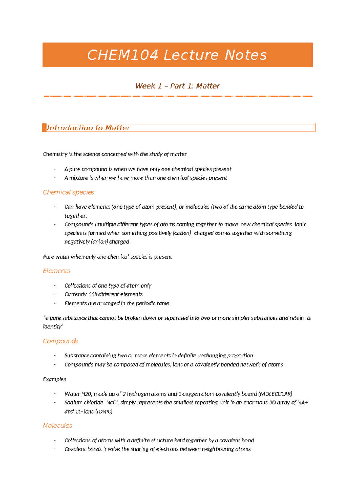 CHEM104 Lecture Notes: Week 1 - Introduction to Matter and Elements ...