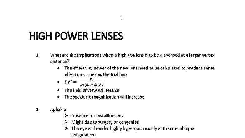 High Power Lenses (YYL 0716) - Implications and Dispensing ...