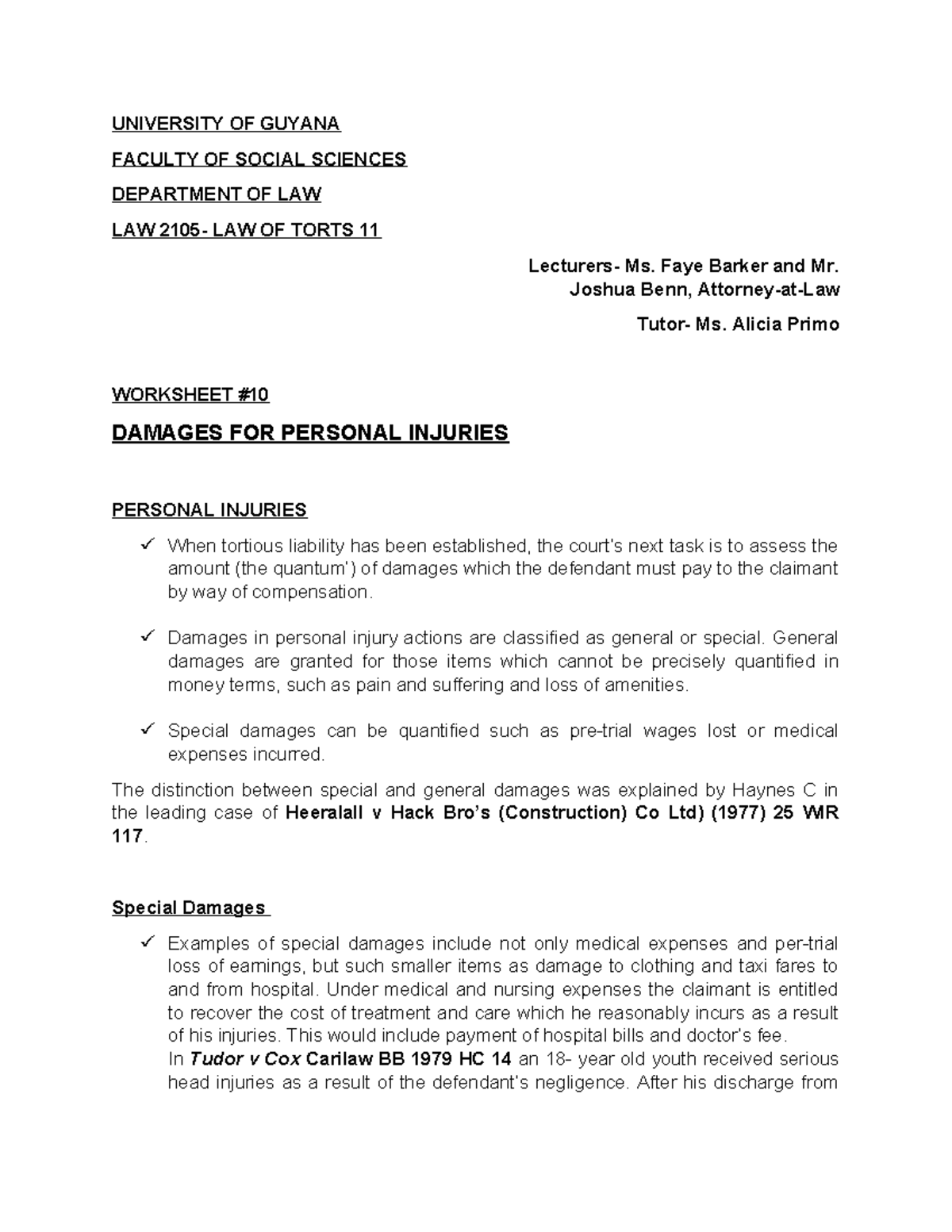 LAW 11 Worksheet #10: Damages for Personal Injuries and Death - Studocu