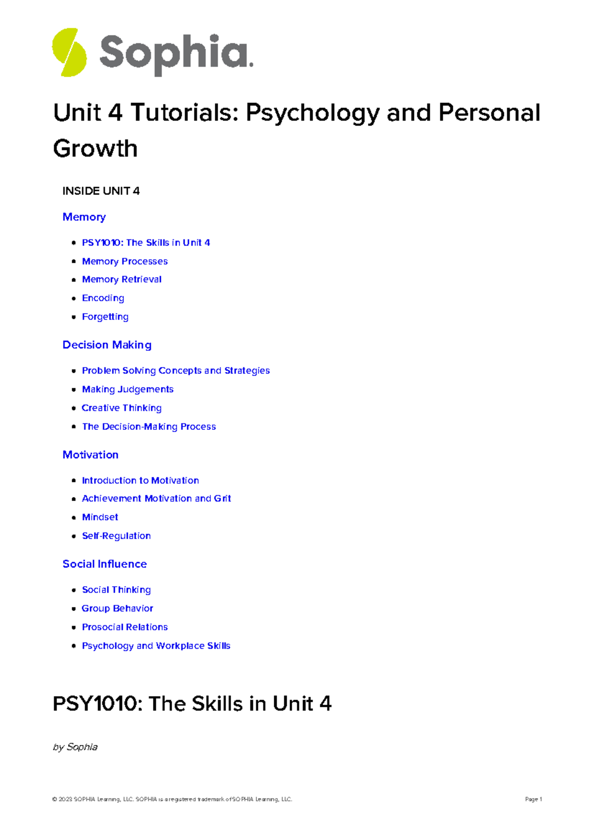 PSY1010: Unit 4 Psychology & Personal Growth Tutorials Overview - Studocu