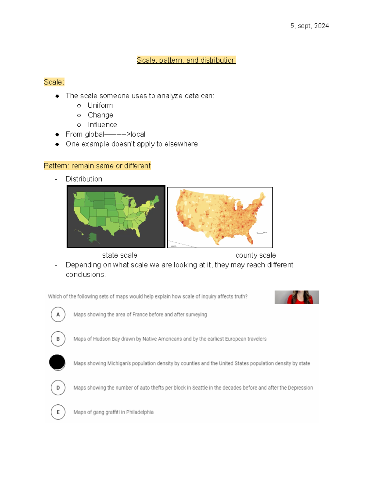 Ap human Geo note (temporary) - 5, sept, 2024 Scale, pattern, and ...