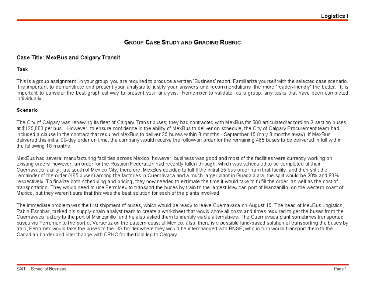 SCMT310 - Case Study Analysis: MexBus & Calgary Transit Logistics - Studocu