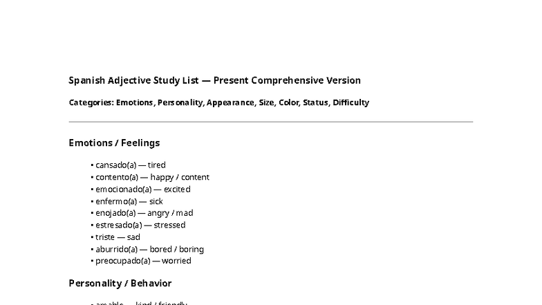 Spanish Adjective Study List — Present Comprehensive (Final Exam) - Studocu