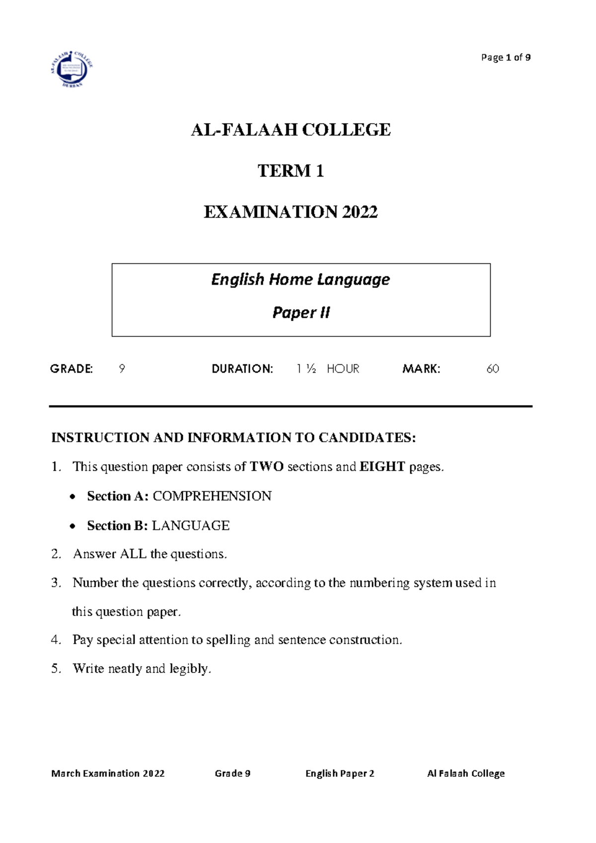 Grade 9 English Home Language Term 1 Exam Memo 2022 - Studocu