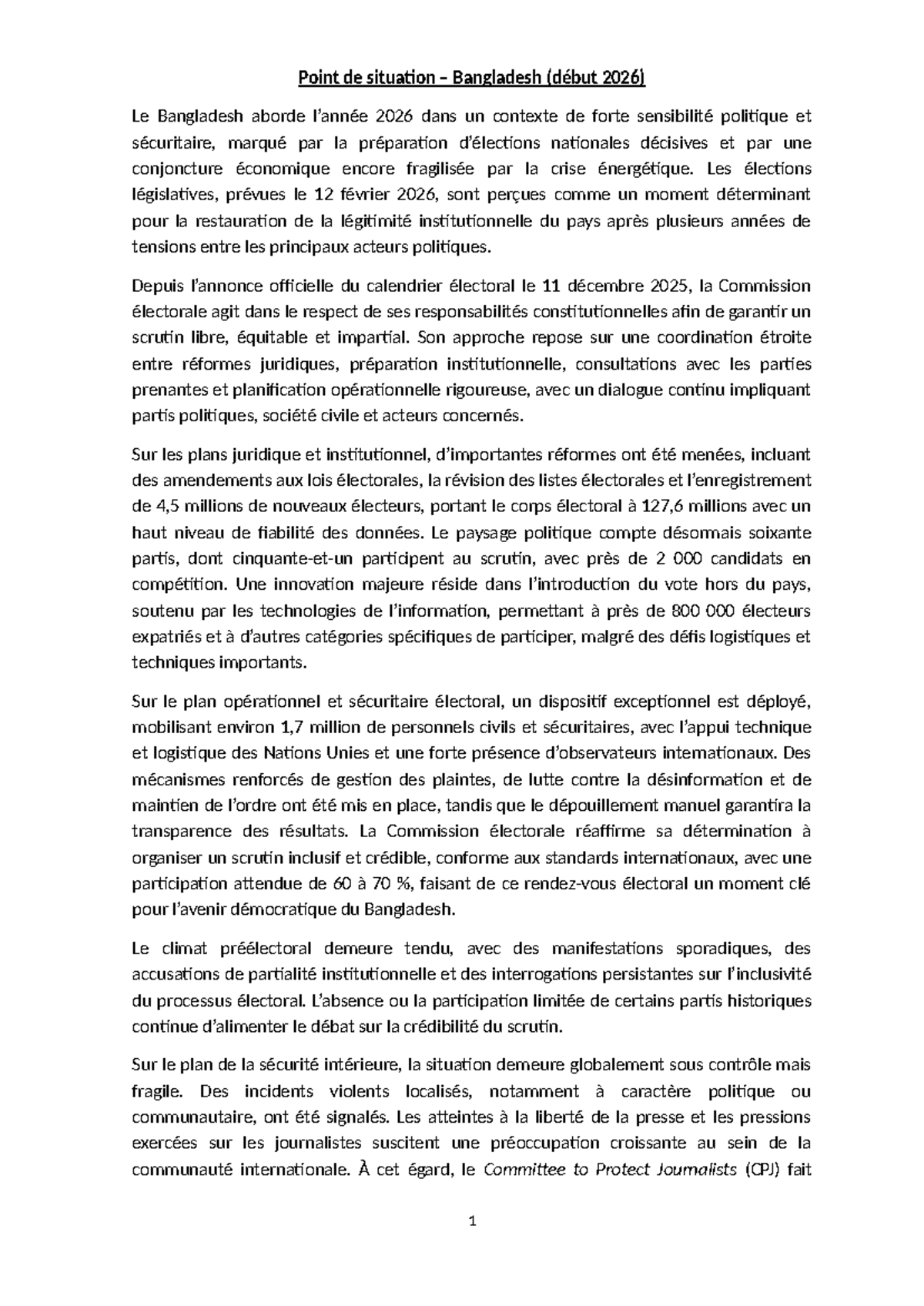 Point de Situation au Bangladesh - Janvier 2026: Élections et Crise ...
