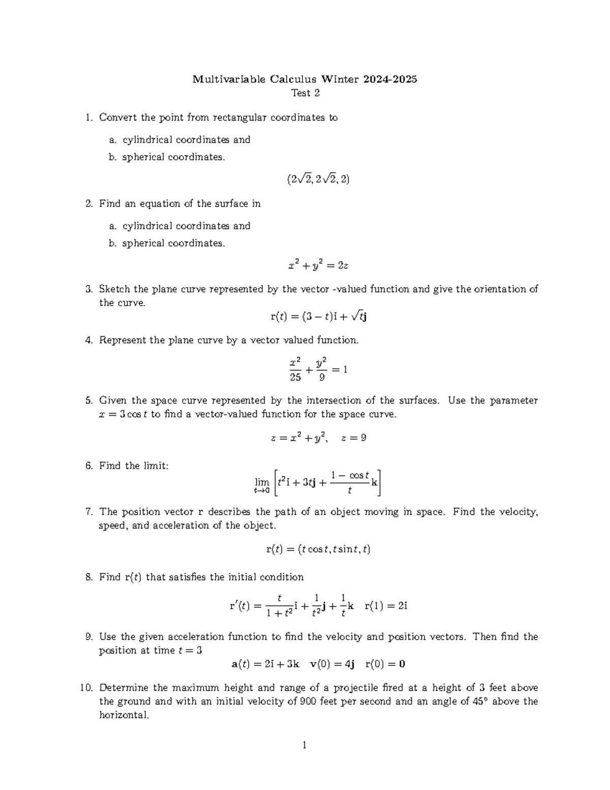 2024-2025 Winter Multivariable Calculus Test 2 Review Notes - Studocu