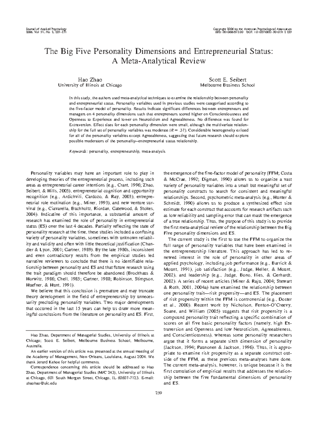 The Big Five Personality Dimensions and Entrepreneurial Status: A Meta ...
