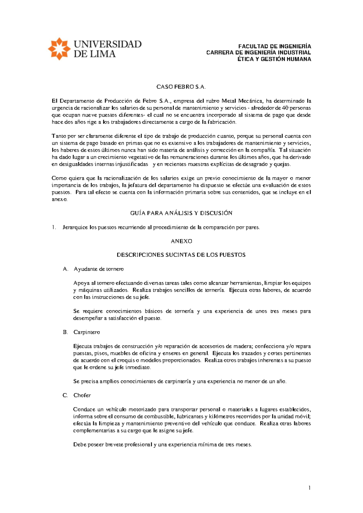 Evaluación de Puestos en Febro S.A. - Caso Práctico 2025-1 - Studocu