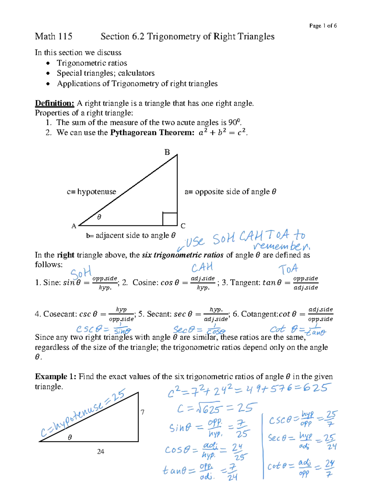 Math 115: Section 6.2 Trigonometry of Right Triangles Notes - Studocu