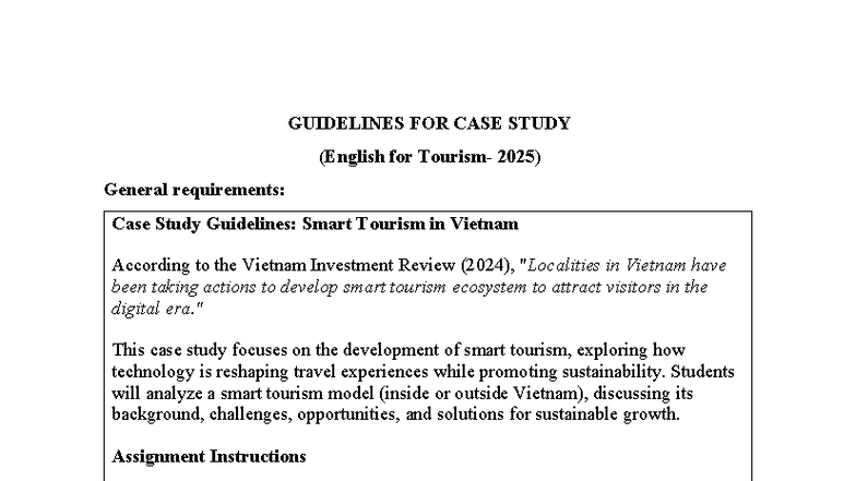 2025- Guidelines FOR CASE Study- English for tourism - GUIDELINES FOR CASE STUDY (English for ...