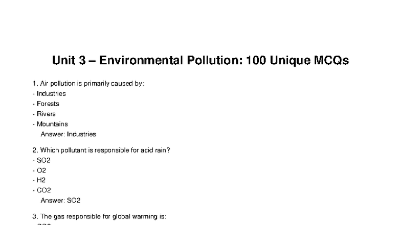 Unit 3 Environmental Pollution: 100 Unique MCQs for Review - Studocu