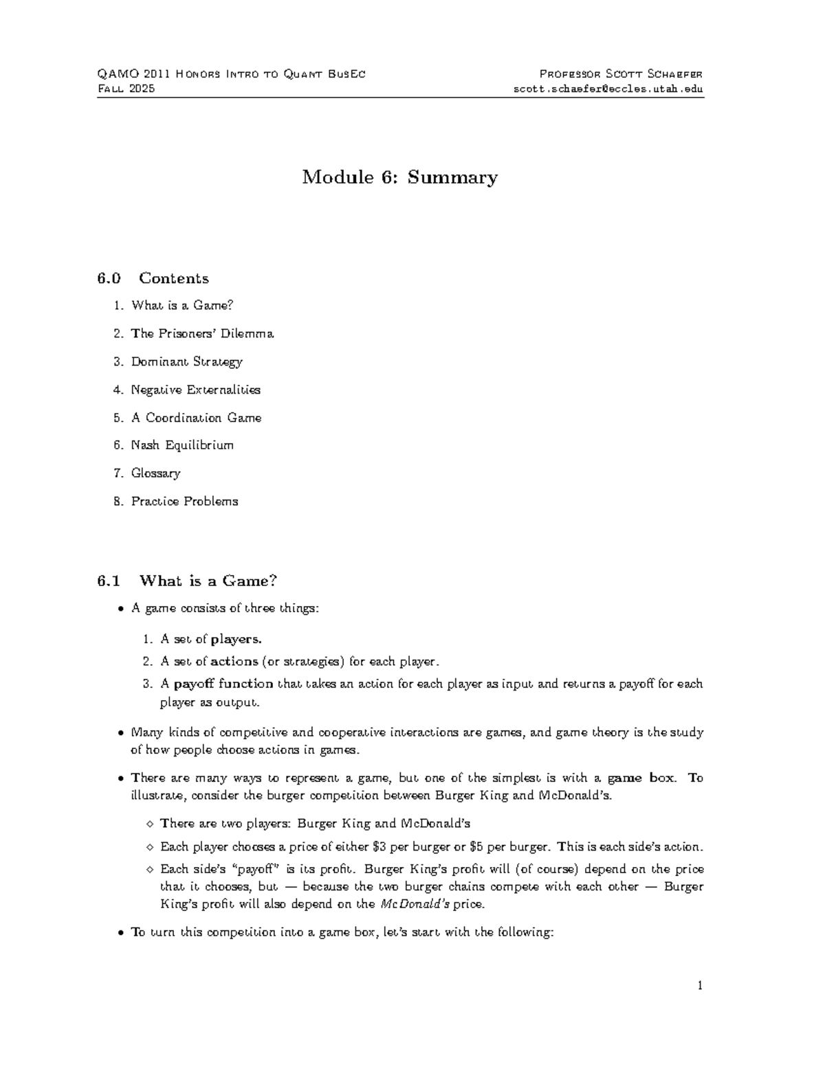 QAMO 2011 Honors Intro to Quant BusEc: Game Theory Concepts Summary ...