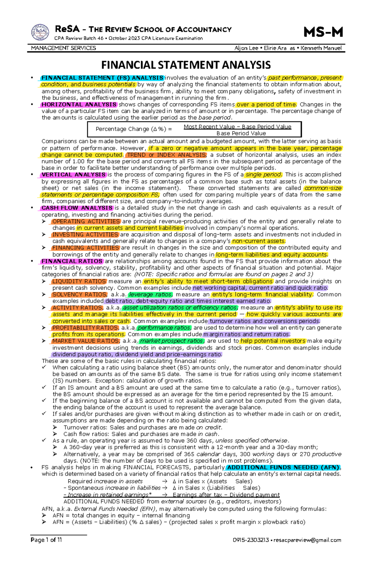 ReSA CPA Review Batch 46: Financial Statement Analysis Overview - Studocu