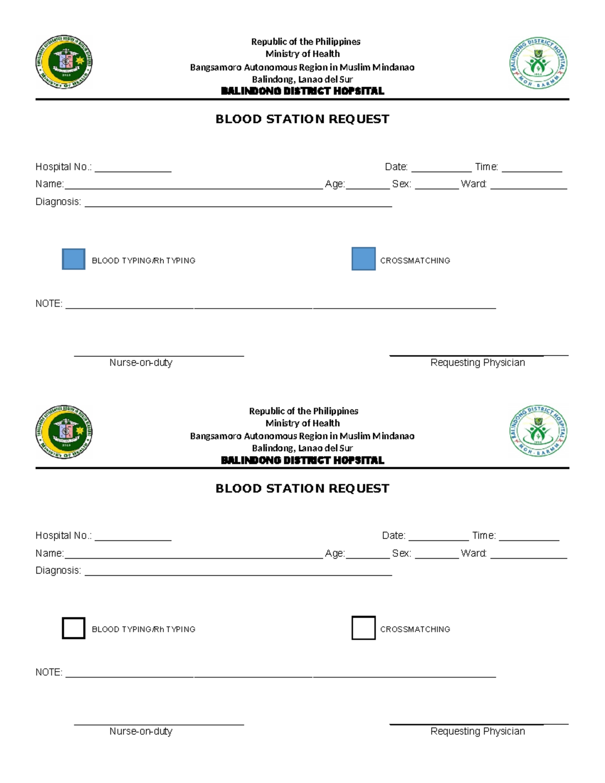Crossmatching request - Republic of the Philippines Ministry of Health ...