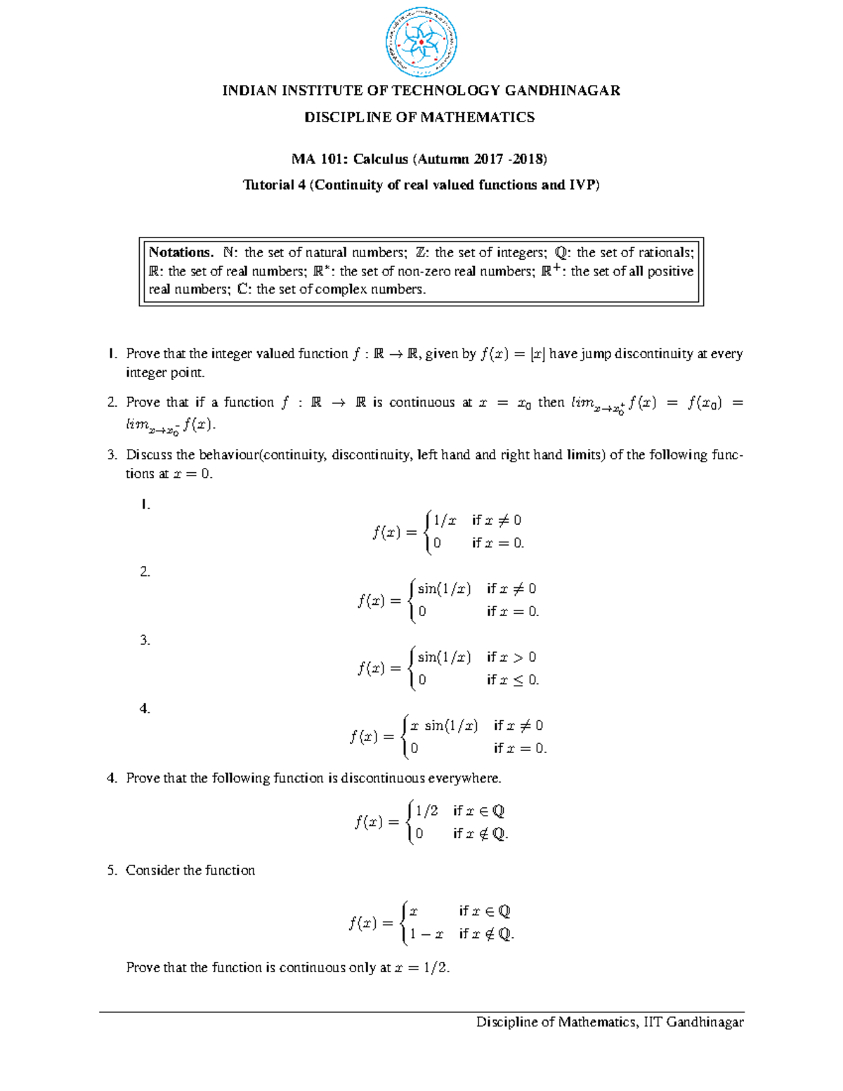 MA 101: Calculus - Tutorial 4 on Continuity and Discontinuity of ...