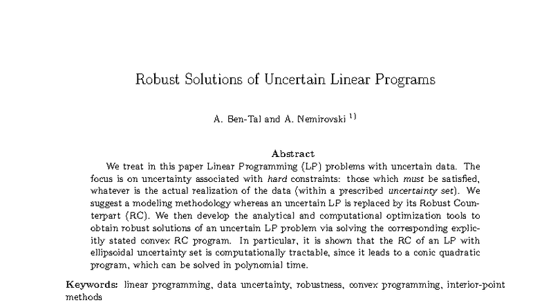 Robust Solutions for Uncertain Linear Programs (Course Code: 3) - Studocu