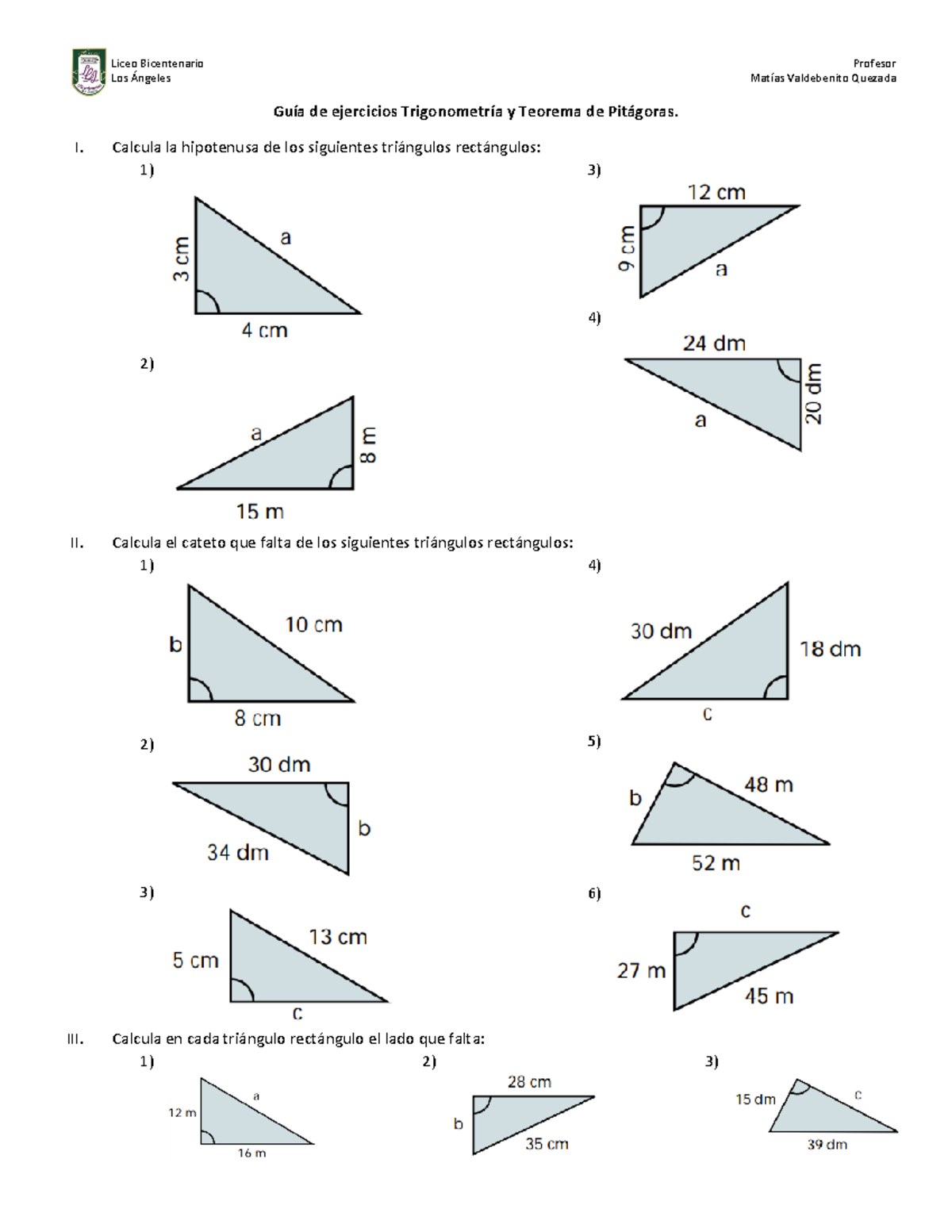 Guía de Ejercicios de Trigonometría y Pitágoras - Clases y Problemas ...