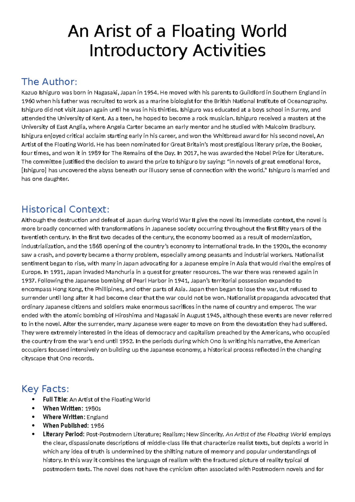 An Artist of the Floating World (ENG 101) Plot Summary and Context ...