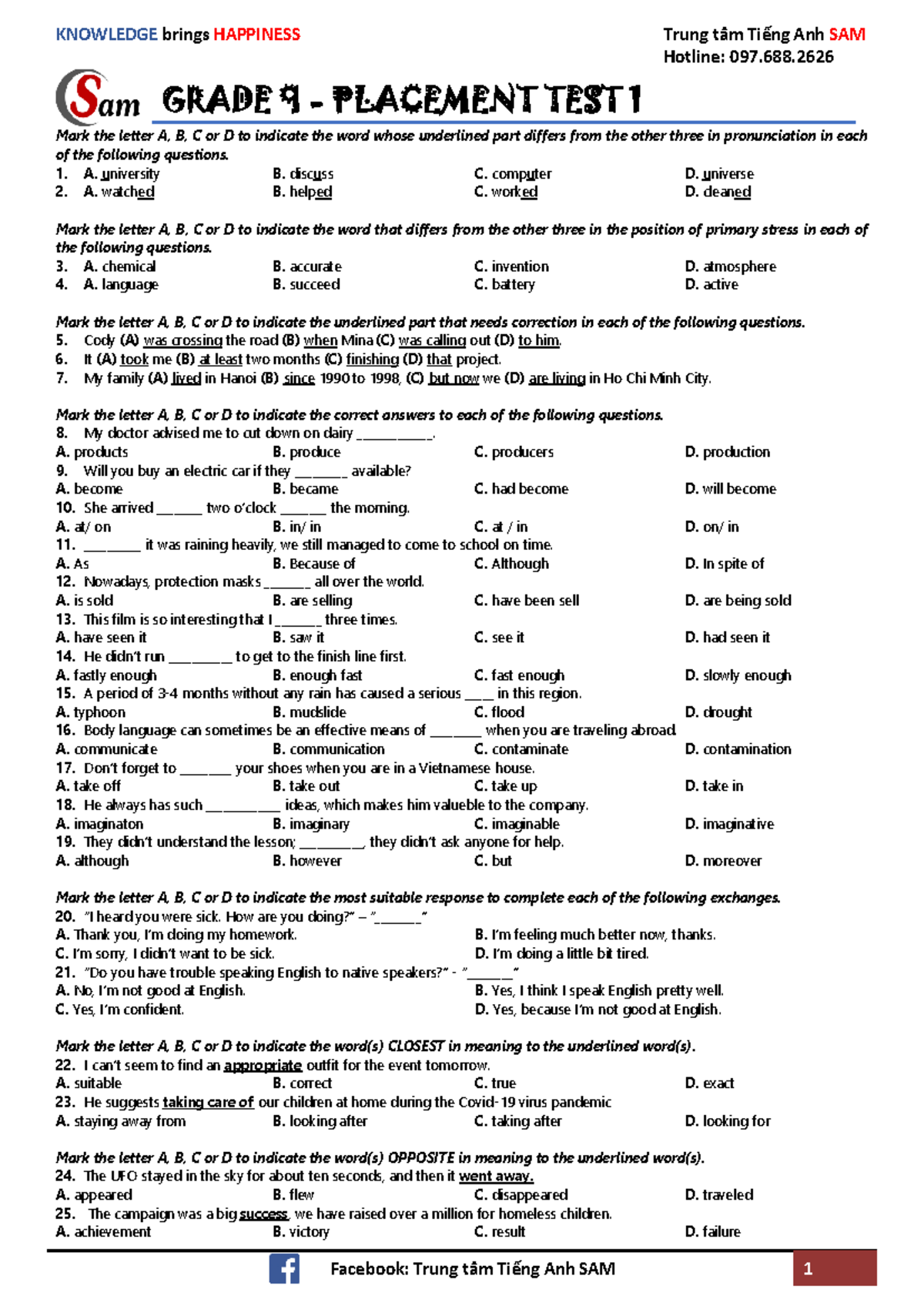 english placement test - KNOWLEDGE brings HAPPINESS Trung tâm Tiếng Anh ...