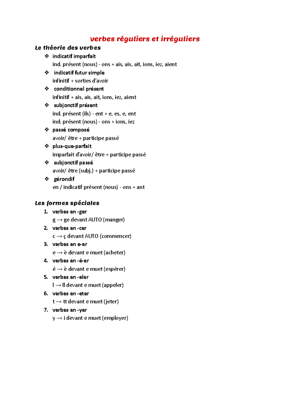 Français: Théorie des Verbes Réguliers et Irréguliers - Studocu