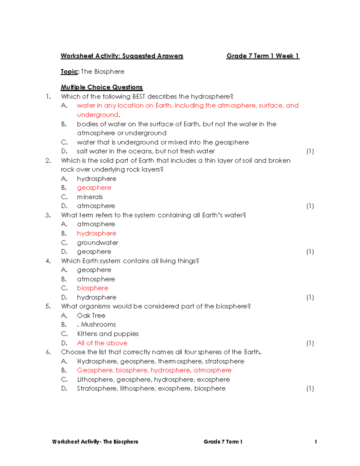 Worksheet Activity - The Biosphere with suggested answers - Worksheet ...