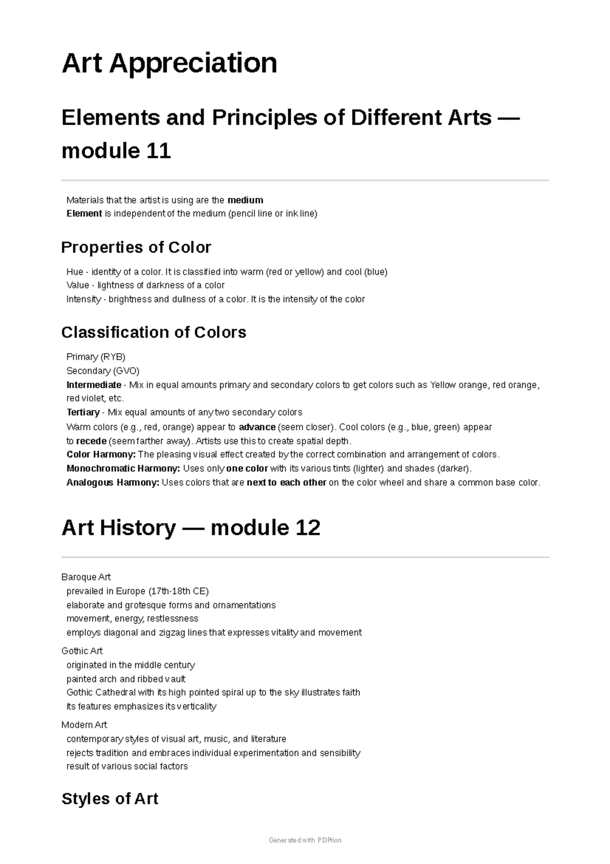 Module 11-13 Art Appreciation Notes: Elements, Styles, and History ...