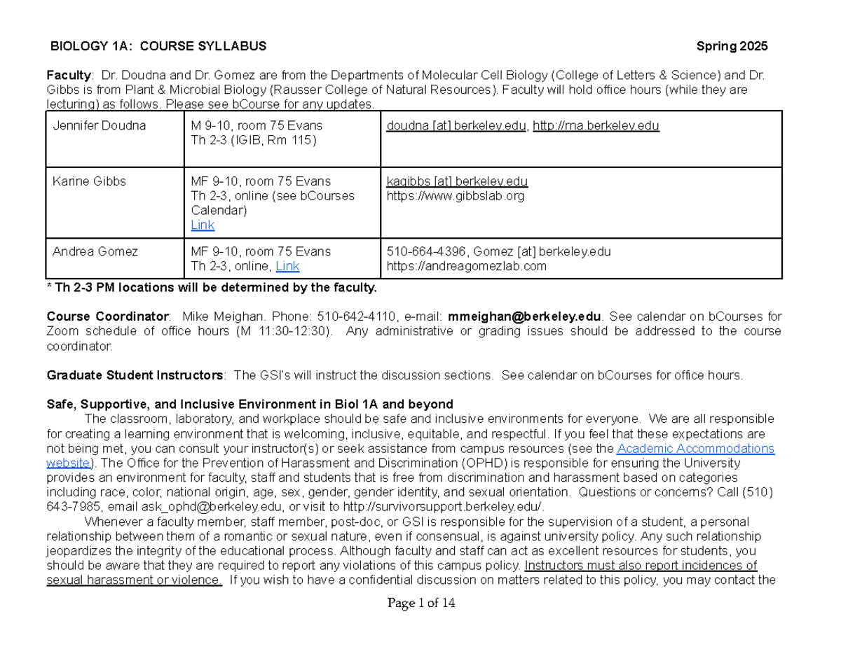 BIOLOGY 1A: Spring 2025 Syllabus and Course Information - Studocu
