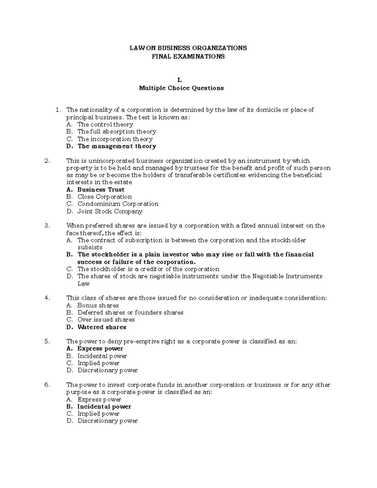 411069984-Bussiness Org Law-Answer Sheet - LAW ON BUSINESS ...