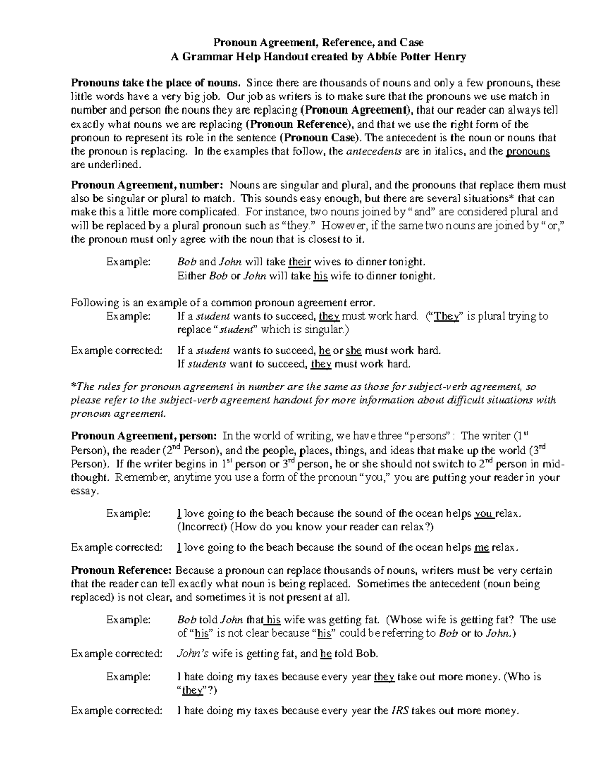 Pronoun Agreement, Reference, and Case Guide - Abbie Potter Henry - Studocu