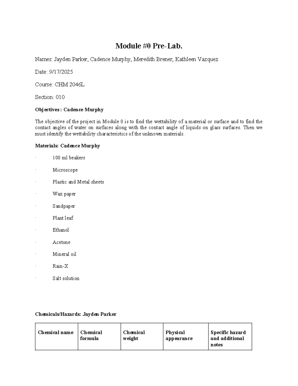CHM 2046L Module 0 Pre Lab Plan: Wettability & Contact Angles - Studocu