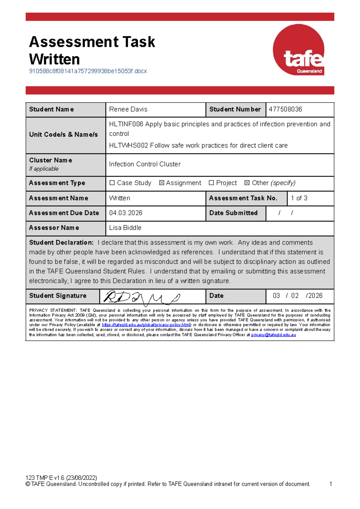 HLTINF006 & HLTWHS002 Case Study: Infection Control Principles and ...