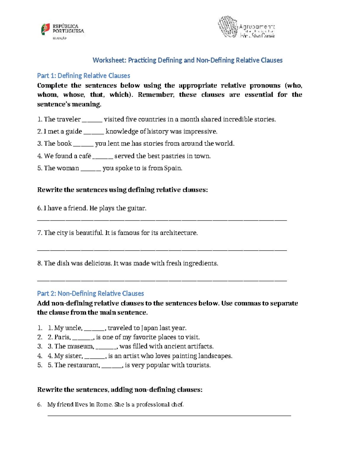 Relative Clauses Worksheet - Worksheet: Practicing Defining and Non ...
