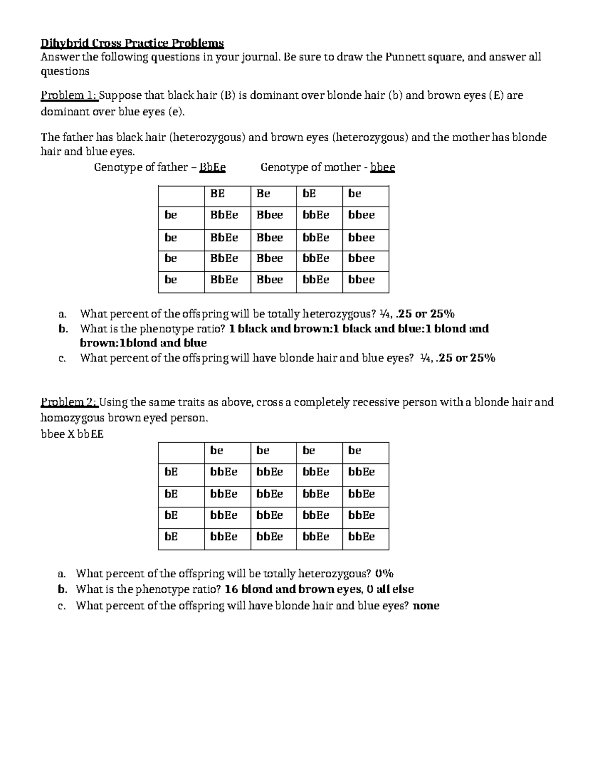 Dihybrid Crosses Practice Problems Key: Detailed Solutions & Punnett ...