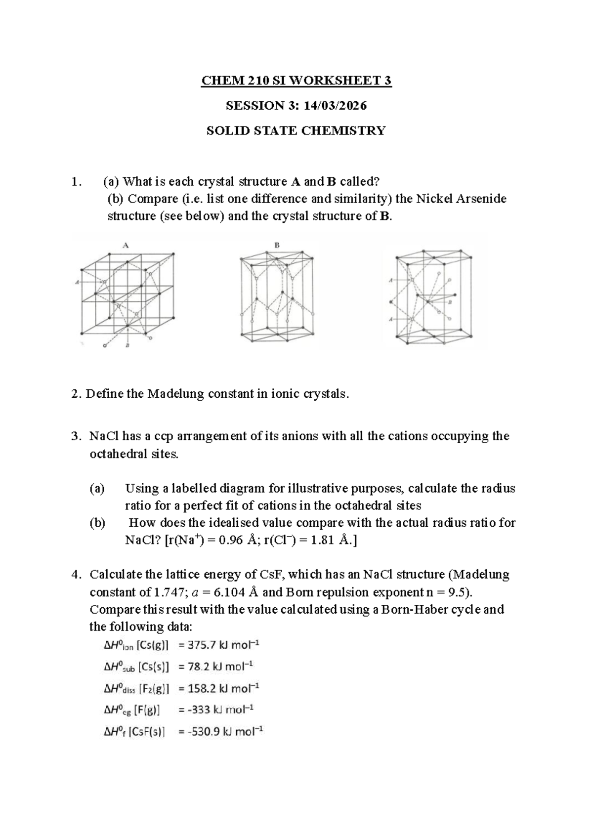CHEM 210 SI Worksheet 3 - Solid State Chemistry Practice - Studocu