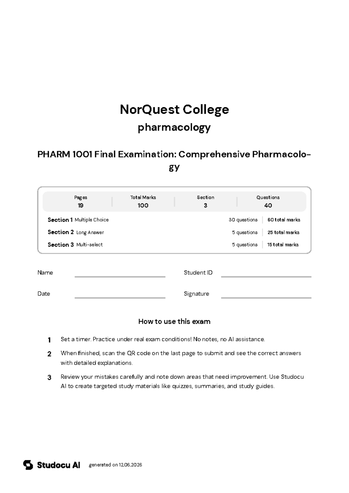 PHARM 1001 Final Exam: Comprehensive Pharmacology - Studocu